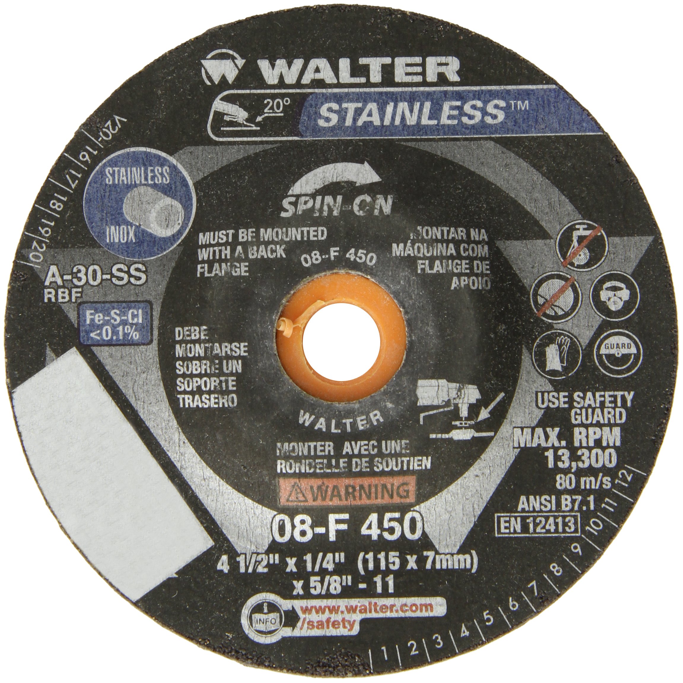Walter 4-1/2" X 1/4" X 7/8" A-30-Ss Type 27 Grinding Wheel 08F450 ...